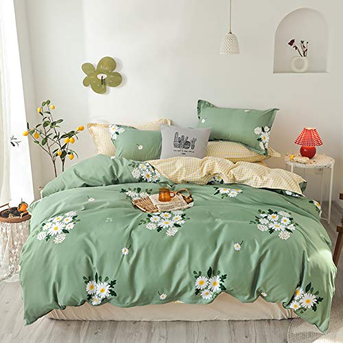 NTjinli Green Duvet Cover Queen Size-Chrysanthemum Queen Duvet Cover Set,100% Washed Microfiber Queen Comforter Set,1 Flower Duvet Cover 90x90 Inches with Zipper Closure and 2 Pillow Shams (King)