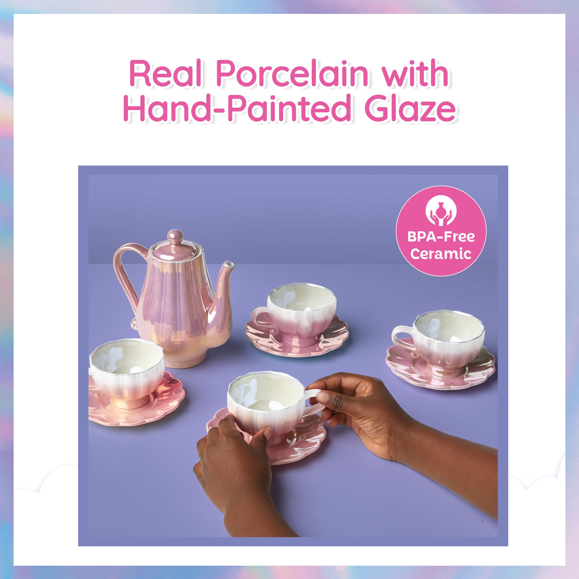 Dream Studio Ceramic Tea Party Set [2023 Amazon Exclusive] 9-Piece Pretend Set, Teapot 4 Cups & 4 Saucers, Hand-Painted Glaze, Safe BPA-Free & Non-Toxic, Imagination Play Activity Toy for Girls & Boys