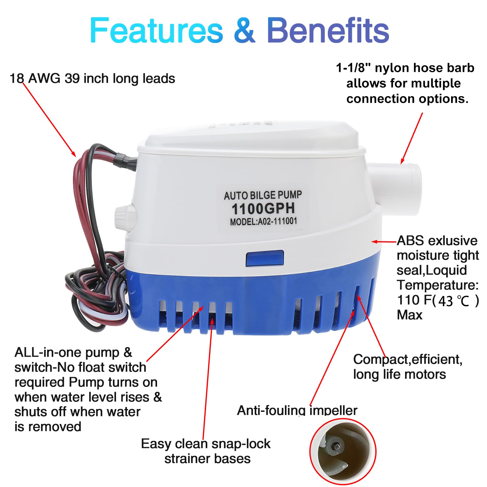 DasMarine 12V Automatic Submersible Boat Bilge Water Pump 1100GPH Built-in Auto Float Switch (1100GPH)
