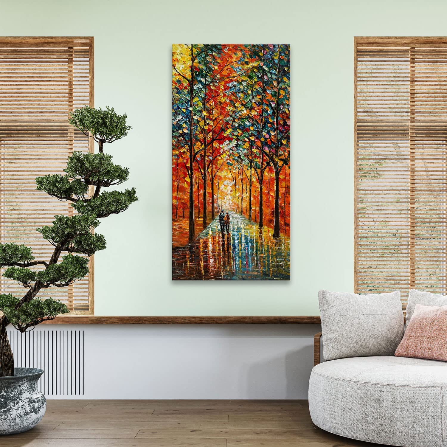 Creespi Hand Painted Landscape Oil Painting Wall Art 24x48 inch,Contemporary Abstract Textured Tree Wall Paintings for Wall Decorations