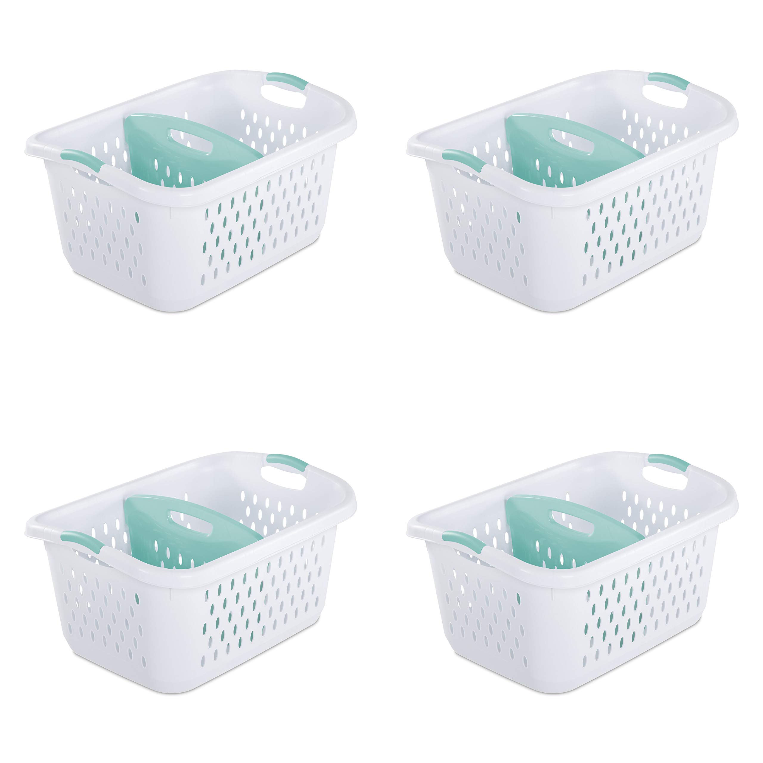 Sterilite 12138004 Laundry Basket 2.2 Bushel White Aqua Chrome Handles/Divider (Pack of 4)