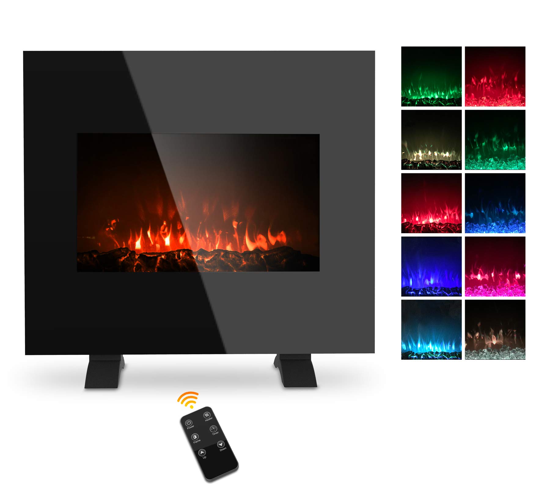 Electric Fireplace Wall Mounted Heater, 1500W Freestanding Fireplace Heater with 10 Colorful Flame Brightness Adjustment, 3D Realistic Flame Effect, Full Screen Glass & Remote Control, 26 Inch