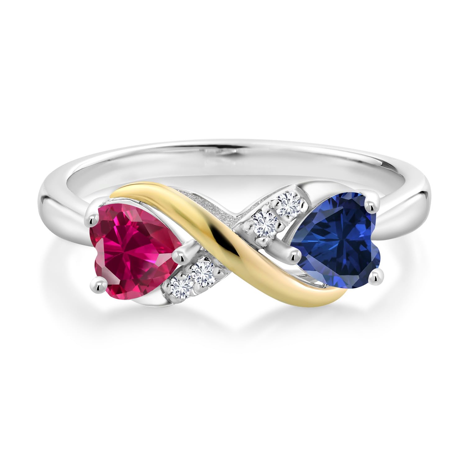 Gem Stone King 925 Sterling Silver and 10K Yellow Gold Red Created Ruby Blue Created Sapphire and Lab Grown Diamond Ring For Women (1.14 Cttw, Available In Size 5, 6, 7, 8, 9)