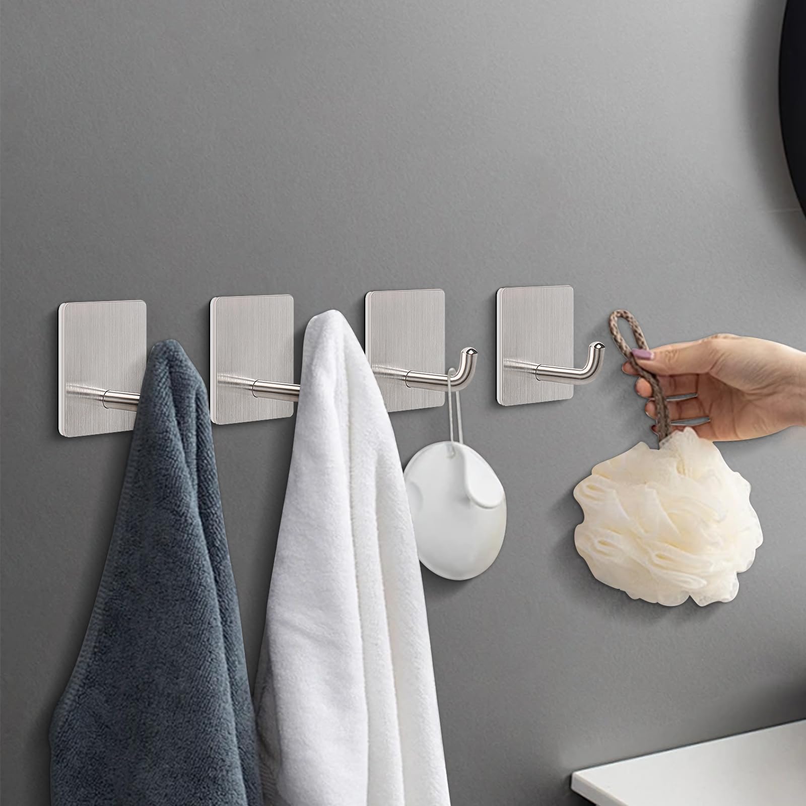 Livabber Adhesive Towel Hooks, 304 Stainless Steel Self Sticky Wall Hooks Waterproof Shower Hooks for Robe/Clothes, No Drilling Towel Hangers for Bathroom Kitchen Bedroom, 6 Packs(Brushed Nickel)