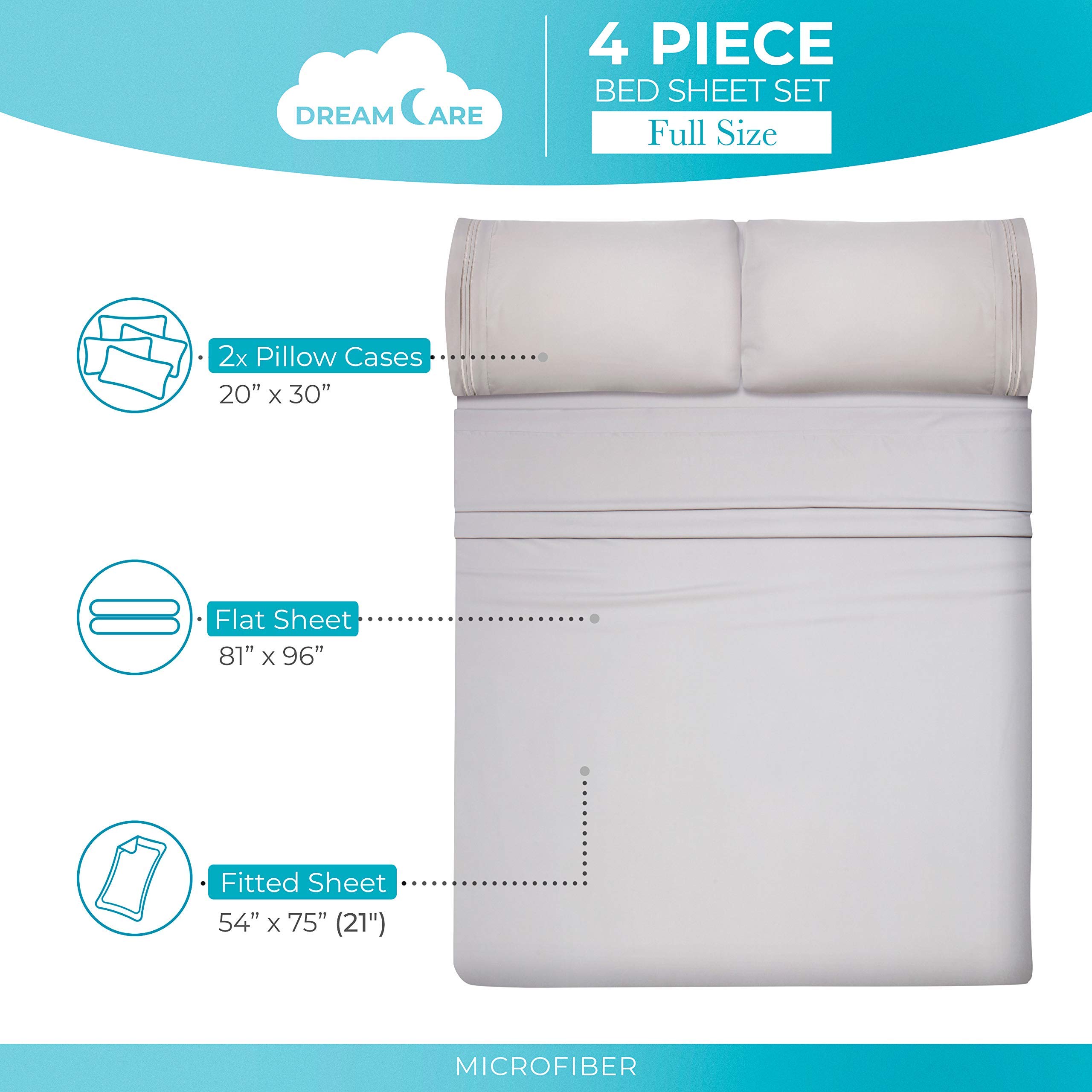 DREAMCARE Full Size Sheets – 4 pcs Cooling Sheets – up to 21” Deep Full Sheet Set – Hotel Luxury Sheets & Pillowcases – Superior Softness 100% Fine Microfiber with Side Pocket – Light Gray