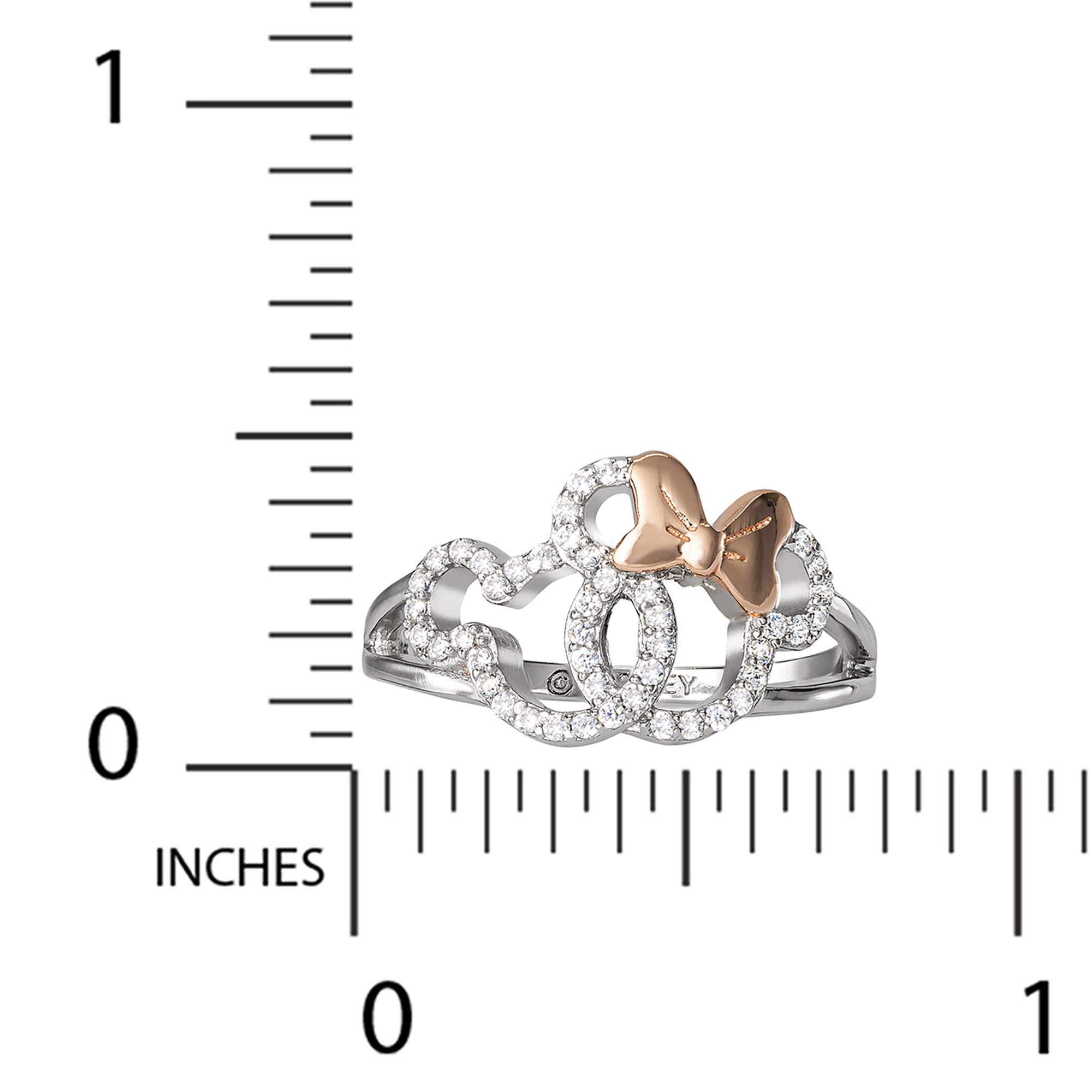 Disney Two Tone Mickey and Minnie Mouse Sterling Silver Pave Set Cubic Zirconia Ring, Size 7