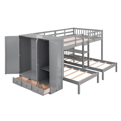 RORIGAT Twin&Twin Triple Bunk Bed with Large Wardrobe, Drawers and Shelves Storage, Wooden L-Shaped Bunkbed Frame w/Mirror for 3 Kids Teens Adults Bedroom, Full/Twin/Twin,Gray