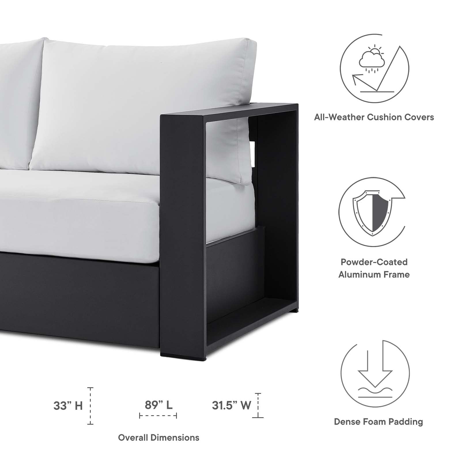 Modway Tahoe Aluminum Outdoor Patio Sofa in Gray White