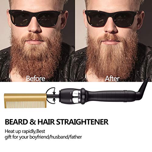 Electric Hot Comb Hair Beard Professional Straightener, Ceramic Heats Up Fast 200-500℉ Temperature Adjustable Heat Setting, Double Protective Device straightening Pressing Comb for Stylist and Family