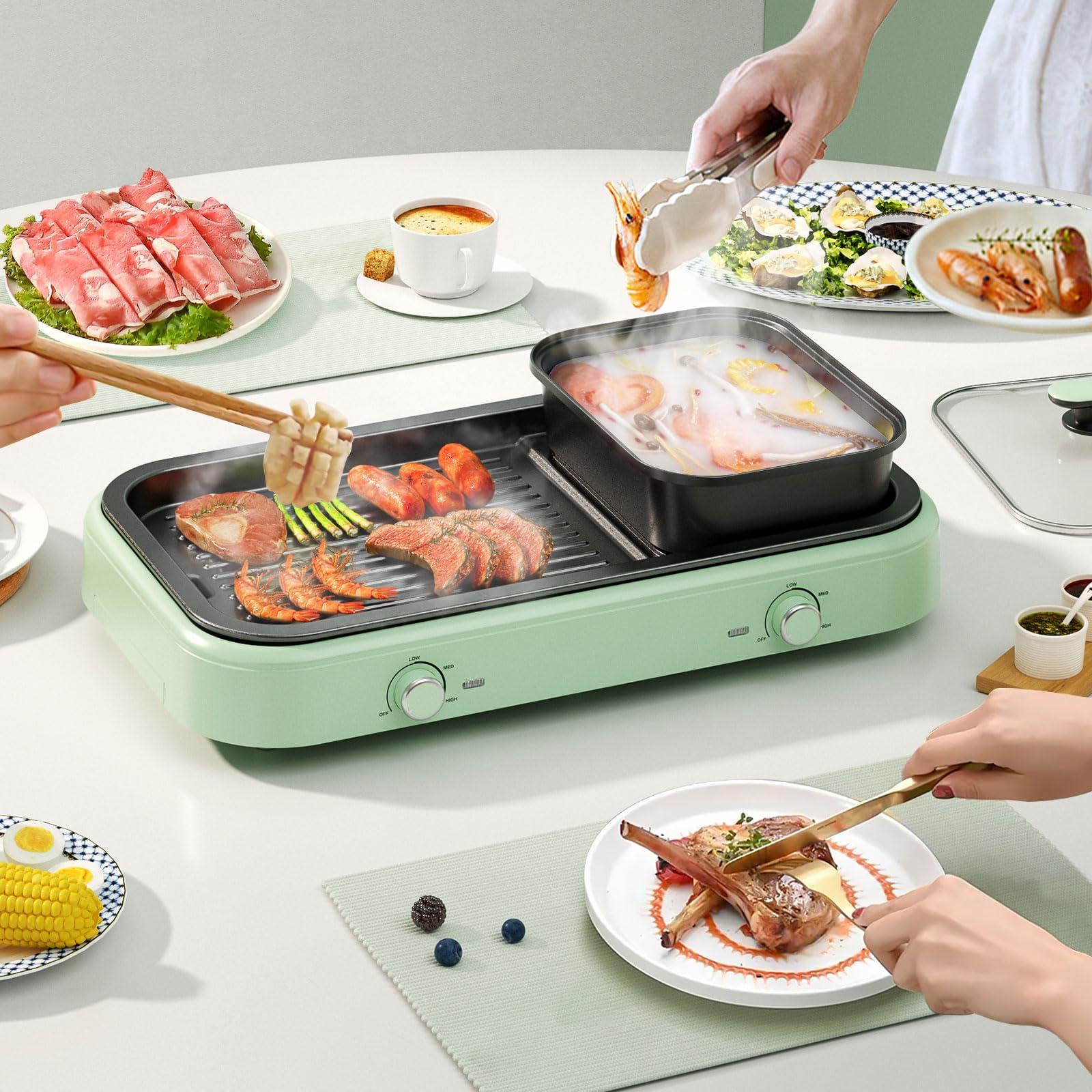 Electric Hot Pot with Grill, 2 In 1 Multi-function Barbecue Shabu Hot Pot, Independent Dual Temperature Control, Detachable Smokeless Non-Stick Shabu Korean BBQ Grill, Easy Cleaning
