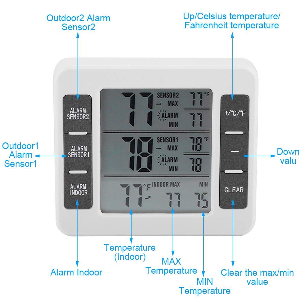 Fridge Thermometer, Digital Freezer Thermometer, Wireless Thermometer with 2 sensors and Acoustic Alarm, Refrigerator Freezer Inside Outside Thermometer, for Kitchen Home Motorhome