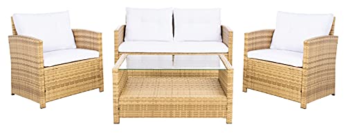 SAFAVIEH Outdoor Collection Vellor Natural/White Cushion 4-Piece Conversation Patio Set PAT7516D
