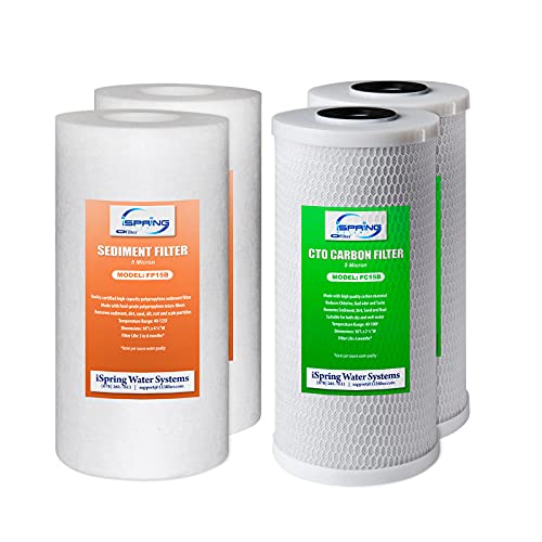 iSpring F4WGB21B Whole House Filtration High Capacity Sediment and CTO Carbon Block Water Filter Replacement Cartridge Pack Set for WGB21B, 4.5"x10", 4 Count (Pack of 1), White