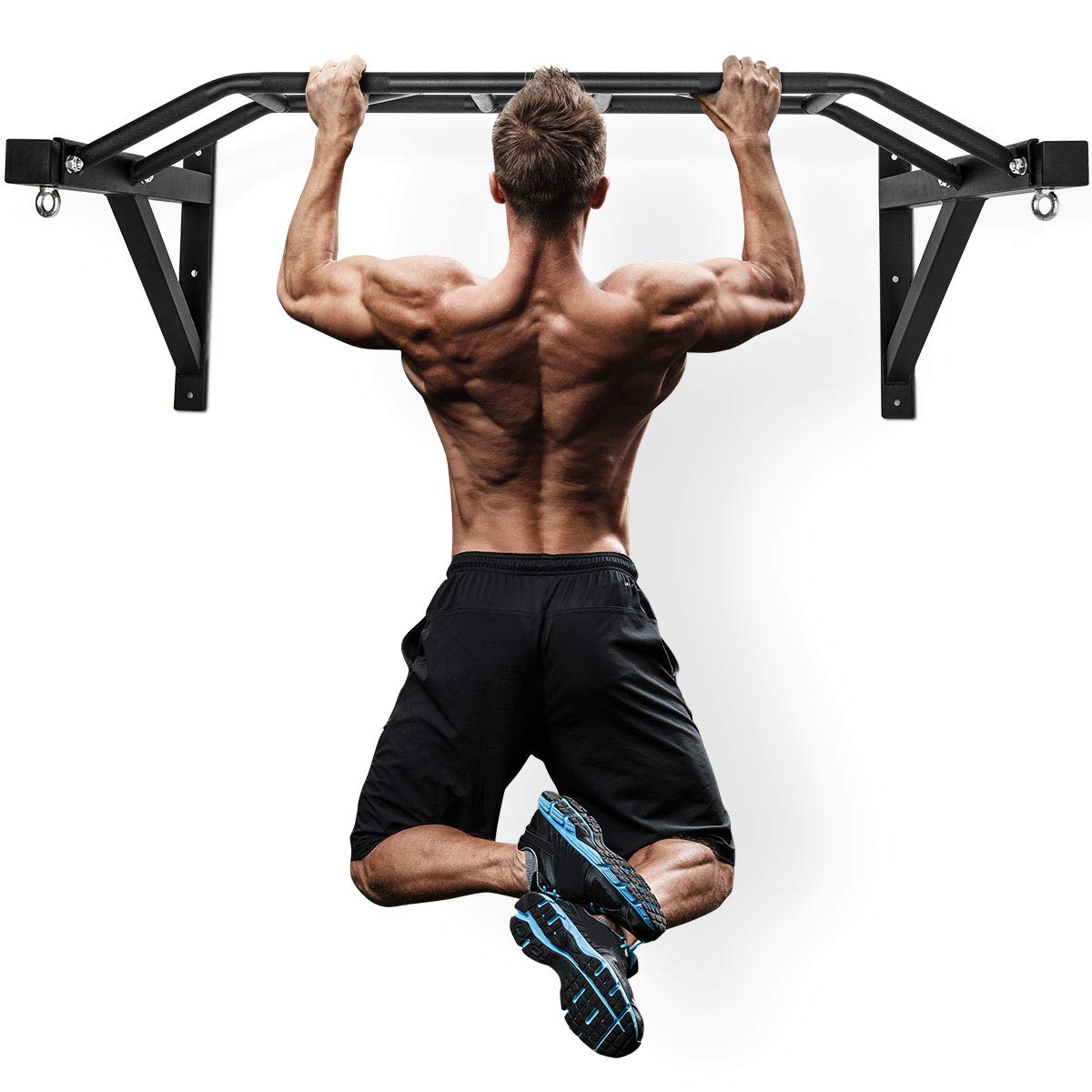 Wall Mount Pull-Up Bar - 47” Multi-Grip Chin-Up Station with Hangers for Punching Bags, Power Ropes for Home Gym Strength Training Equipment (Black.)
