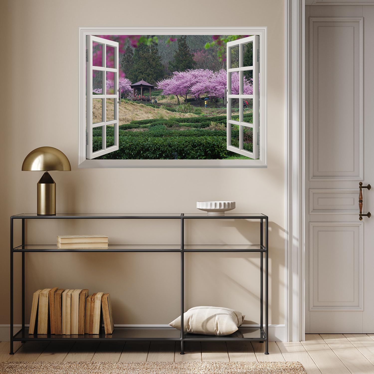 wall26 Modern White Window Looking Out Into a Japanese Garden with Cherry Blossom Trees and a Kiosk - Wall Mural, Removable Sticker, Home Decor - 36x48 inches