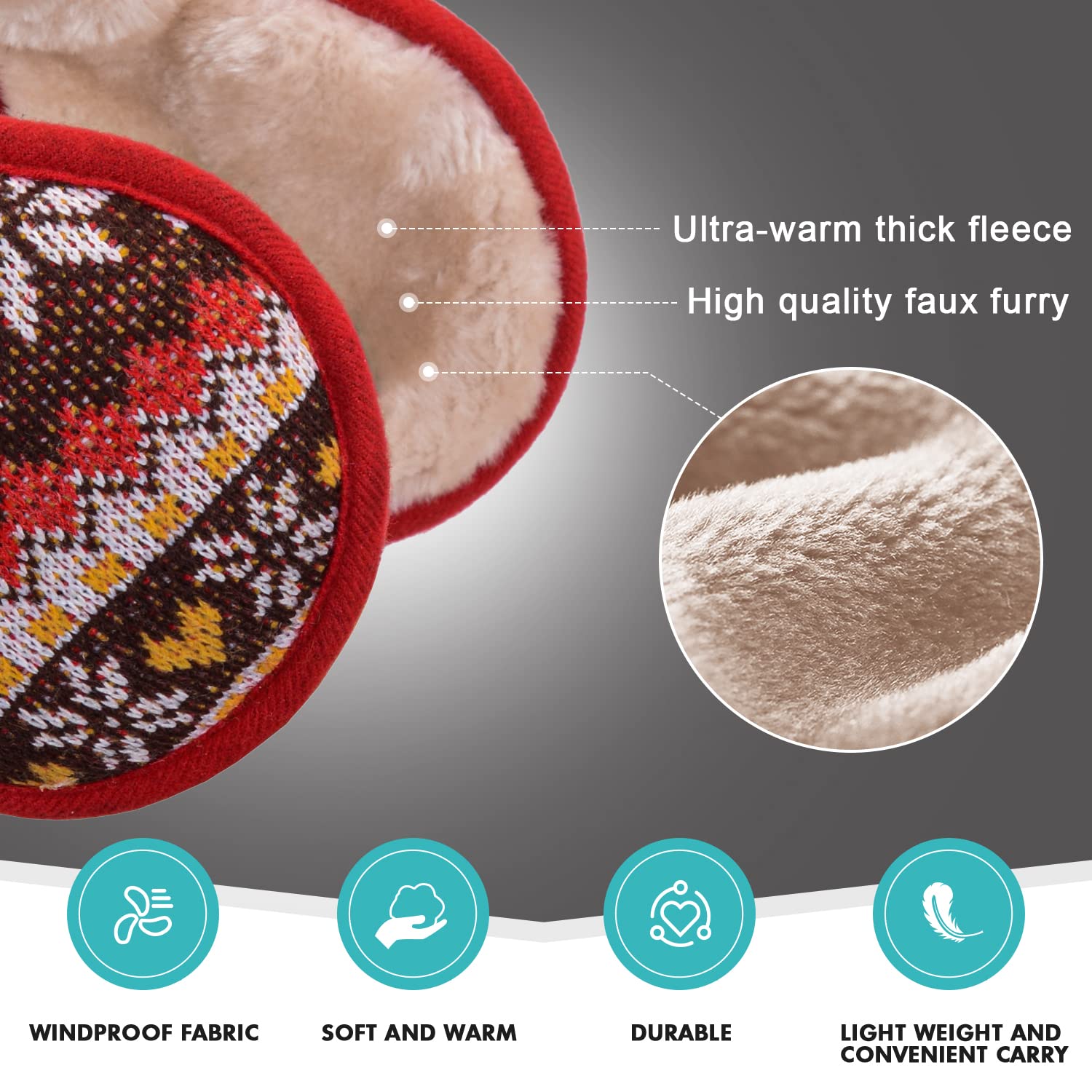 CUIMEI Knit Ear Muffs for Winter Women Men, Fleece Ear Warmer for Cold Weather, Behind the Head Adjustable Earmuffs