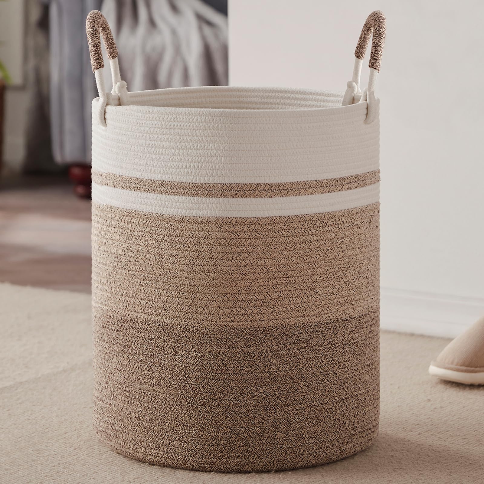 Laundry Basket, Woven Rope Laundry Hamper with Handles, Large Decorative Storage Basket for Clothes and Blankets in Living room (Jute & White, 72L)