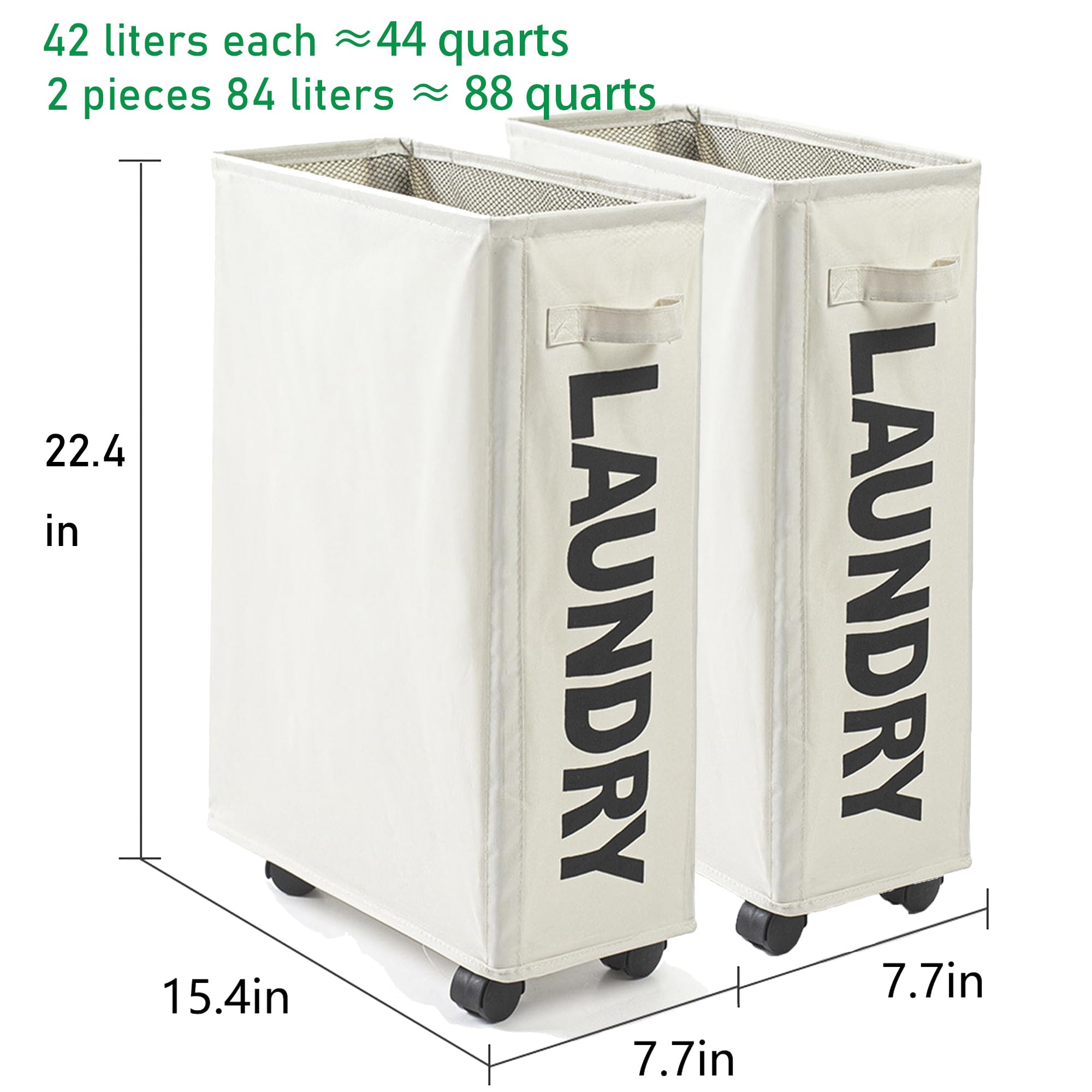 Laundry Basket, (2PACK) Slim Laundry Basket on Wheels - Foldable & Waterproof Rolling Hamper for Clothes, Hampers for Bedroom Aesthetic Yoga Mat Gym Gear and More | Easy Assembly Hamper