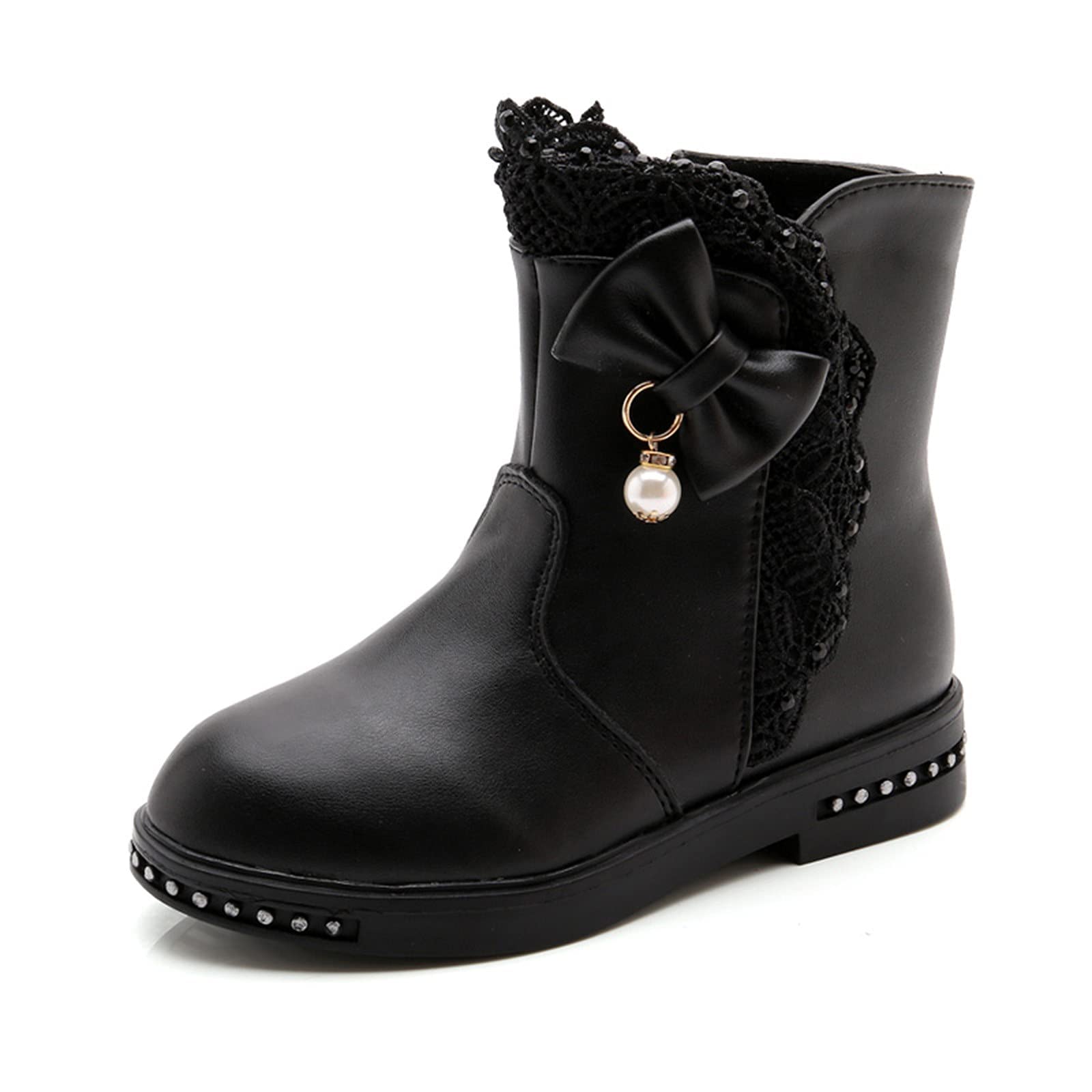 PU Leather Butterfly Knot Princess Shoes for Little Kid/Big Kids Girls 4-12 Years Non-Slip Fur Lining Boots Snow Boots (Black, 10-10.5Years)