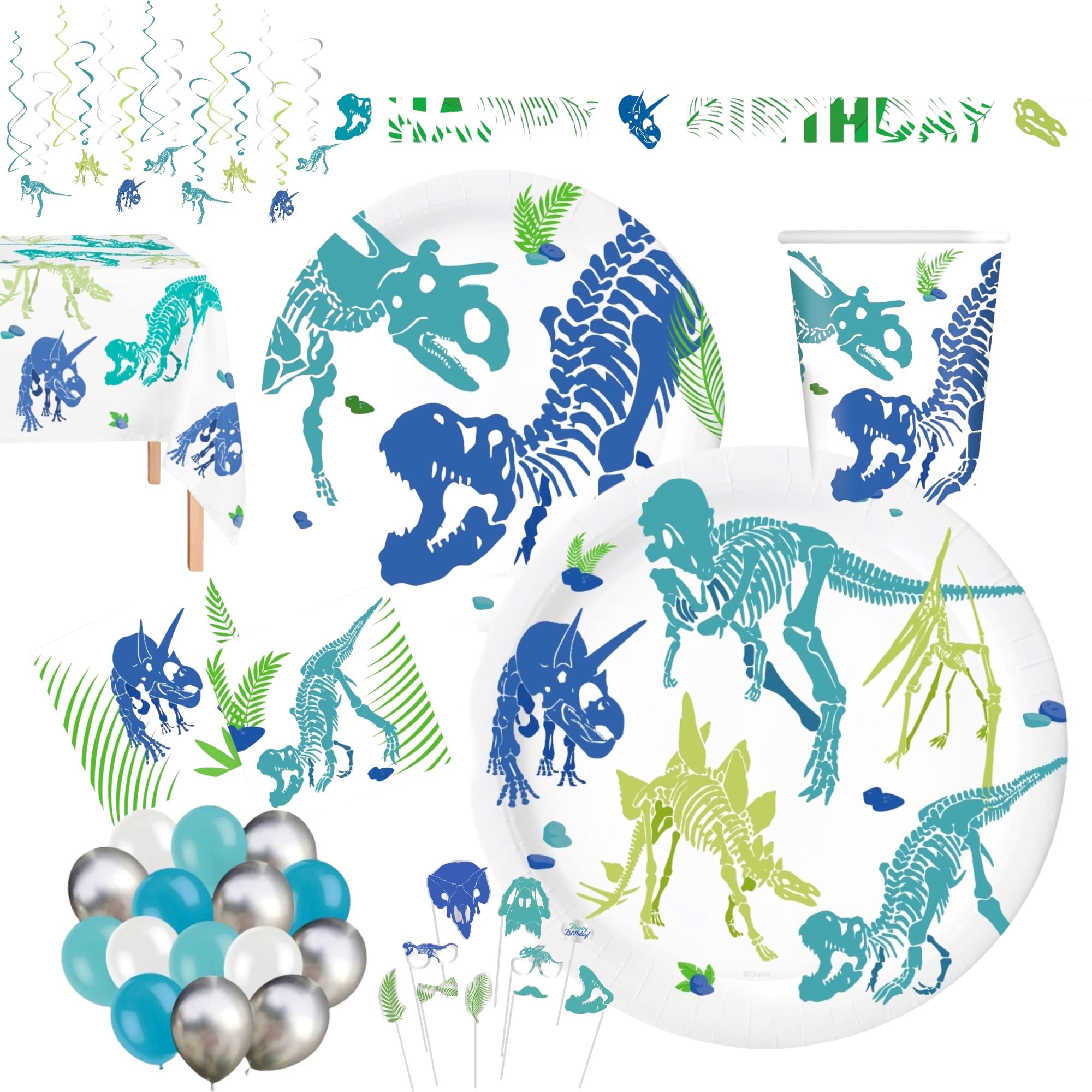 Serves 24 Ultimate Dinosaur dino Watercolor Party Supplies Includes Plates,Napkins,Table Covers,Balloons, Banner, Swirls, Photo props ideal for Birthday, Dinosaur Skeleton Theme Party Decor