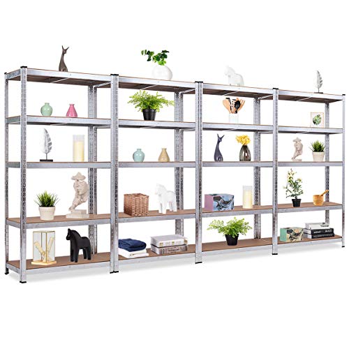 Giantex 4 Pieces Shelving Rack Storage Shelf Steel Garage Utility Rack 5-Shelf Adjustable Shelves Heavy Duty Display Stand for Books, Kitchenware, Tools Bolt-Free Assembly 36"x 16"x 72”, Silver