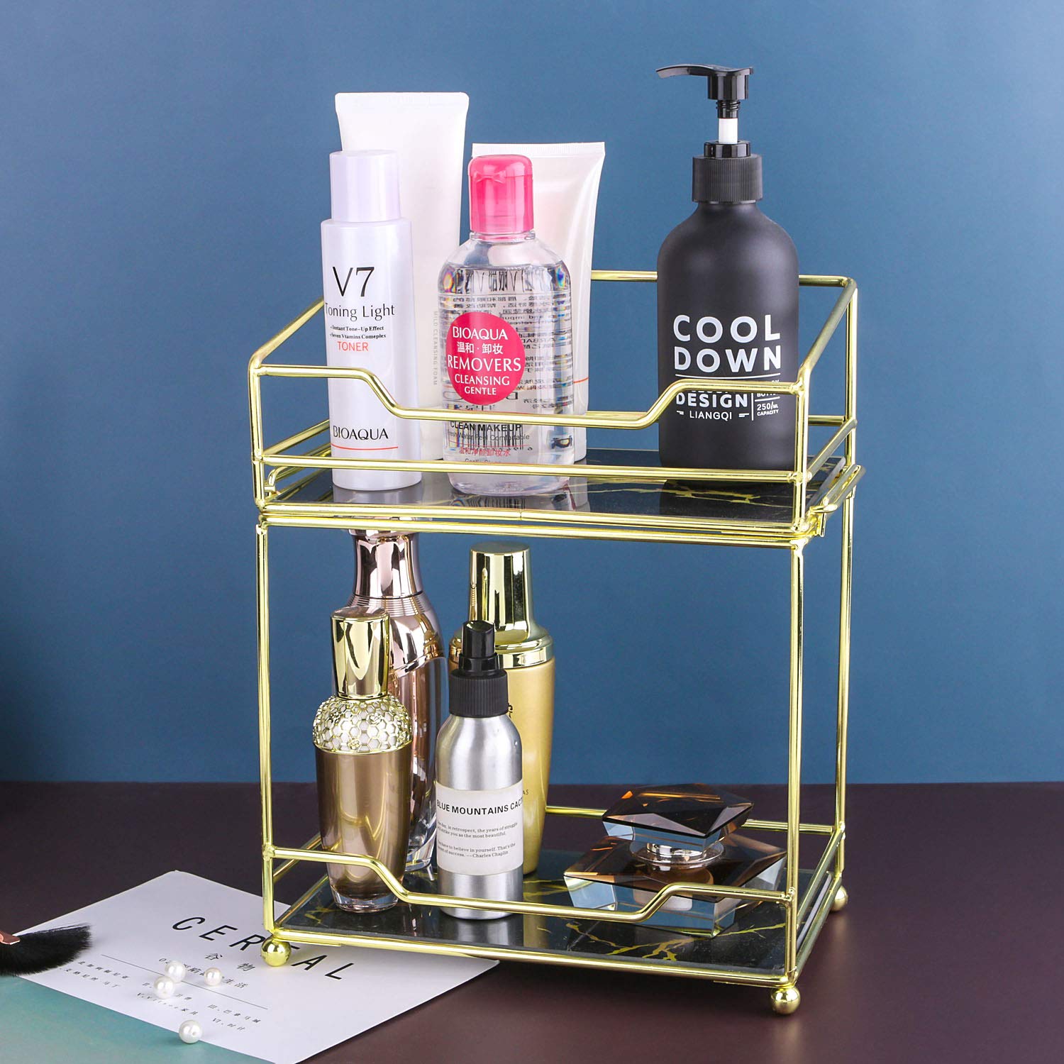 Simmer Stone Makeup Organizer Shelf, 2 Tier Cosmetic Storage Basket with Removable Glass Tray, Wire Vanity Organizer Rack for Bathroom, Dresser, Countertop and More, Stackable Assembly