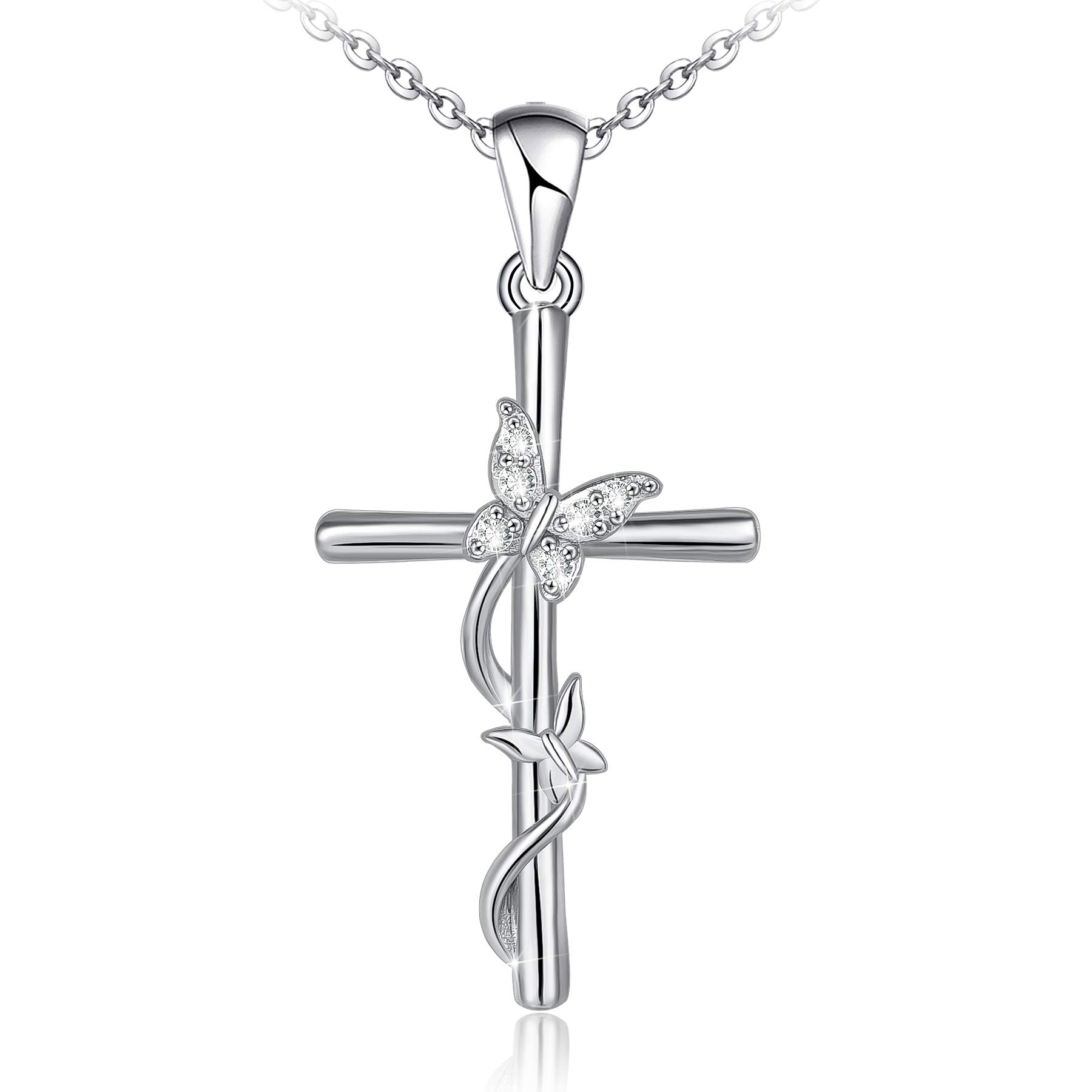 Distance Cross Necklace for Women 925 Sterling Silver Double Butterfly Pendant Necklace for Mom Wife Gift for Mother's Day or Birthday