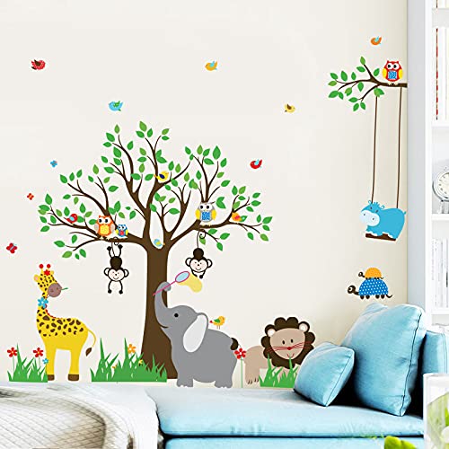 decalmile Jungle Animal Tree Wall Decals Lion Elephant Monkeys Wall Stickers Baby Nursery Kids Bedroom Playroom Wall Decor