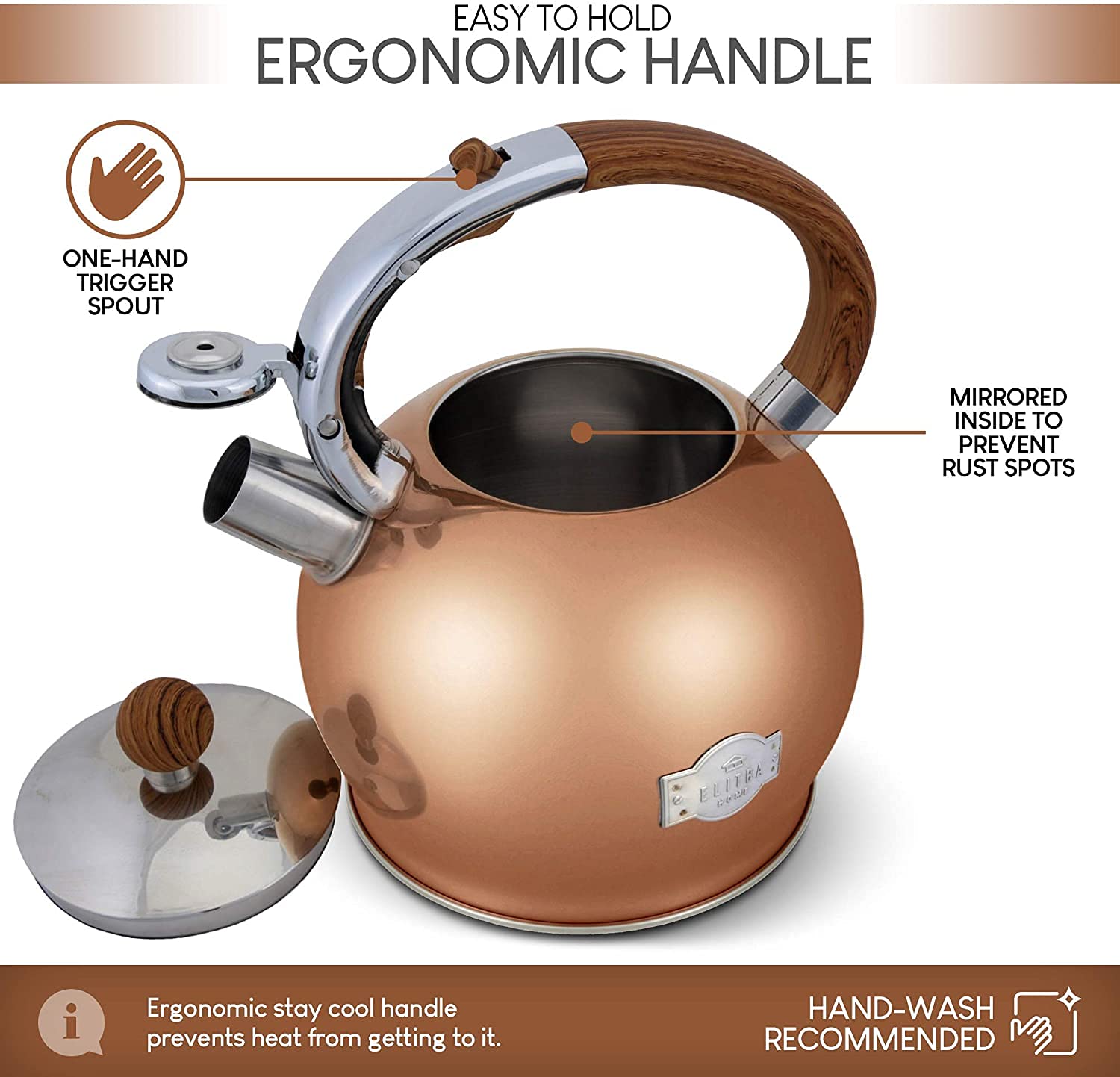 ELITRA HOME Stove Top Whistling Fancy Tea Kettle Stainless Steel Tea Pot with Ergonomic Handle 2.7 Quart / 2.6 Liter BLACK