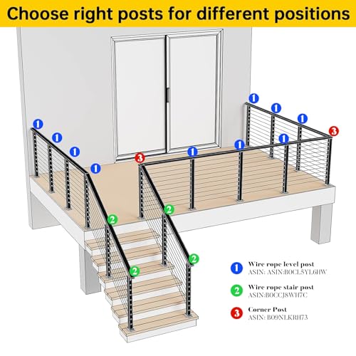 Dawn Railing Slim Cable Railing Post 36"x1.5"x1.5" Middle/End Post 30-40°Adjustable Top Cable Railing Post Black Coating Finishing Surface for Wood Concrete Stair Deck，1 Pack