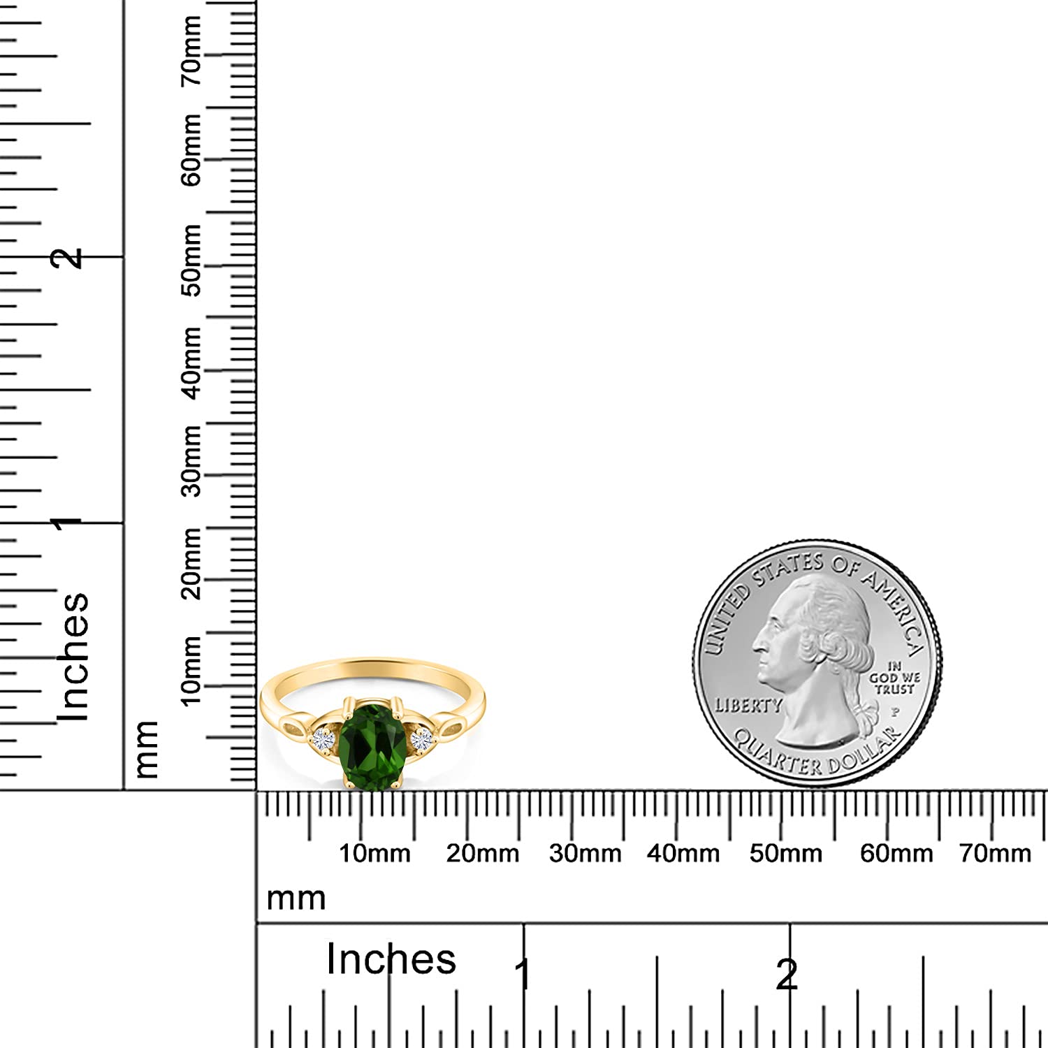 Gem Stone King 18K Yellow Gold Plated Silver Green Chrome Diopside and White Moissanite 3-Stone Rings For Women (1.28 Cttw, Gemstone, Oval 8X6MM, Available In Size 5, 6, 7, 8, 9)