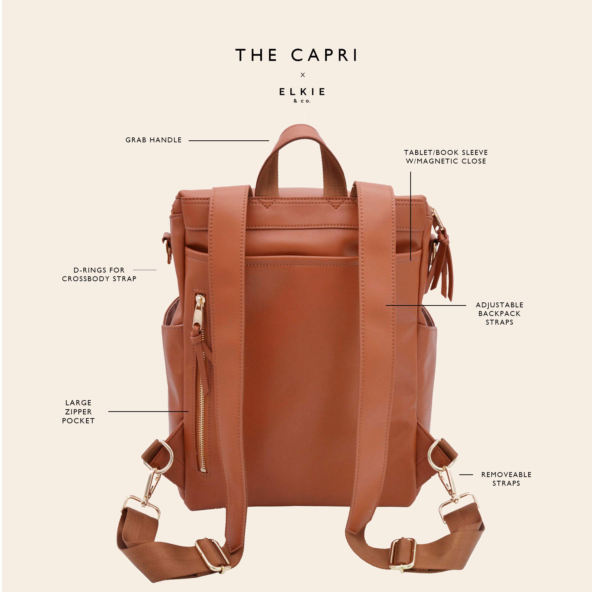 Elkie + Co. Vegan Leather Travel Work Everyday Diaper Nappy Backpack Crossbody for Mom I Modern, Minimalist, Multifunction, Large Capacity, Convertible Travel Bag…