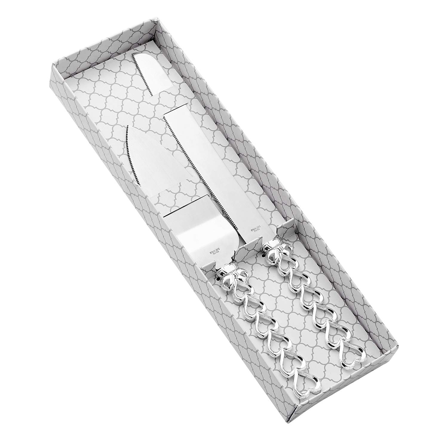 FASHONCRAFT 2559 Heart to Heart Collection Silver Metal Cake Server and Knife Set – Party Favor