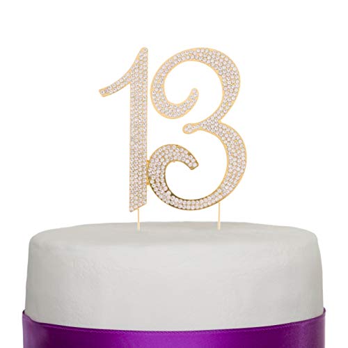 Ella Celebration 13 Cake Topper for 13th Birthday Party, Gold Rhinestone Metal Number Decoration (Gold)