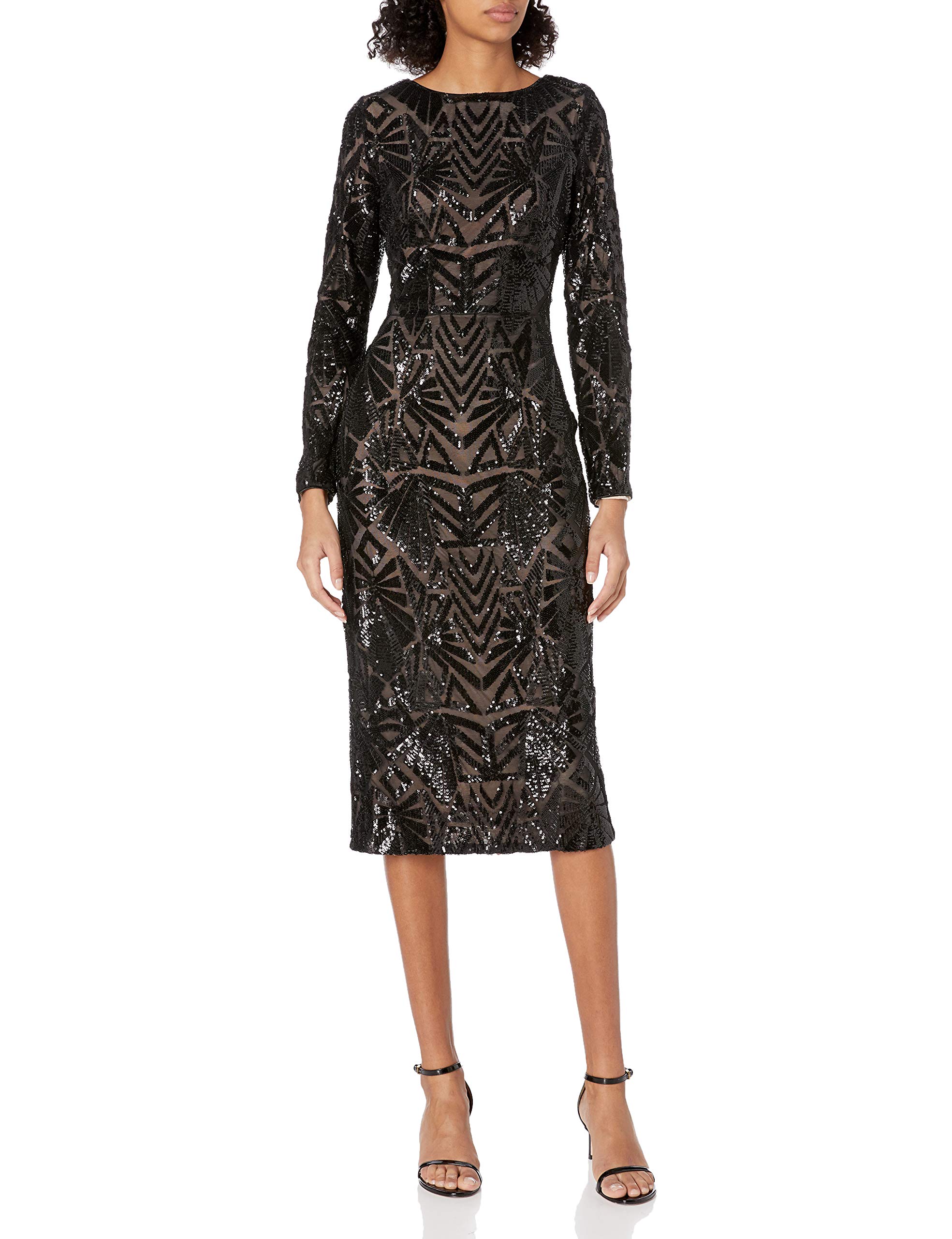 Dress the Population womens Emery Long Sleeve Stretch Sequin Midi Sheath Dress, Black, Medium US