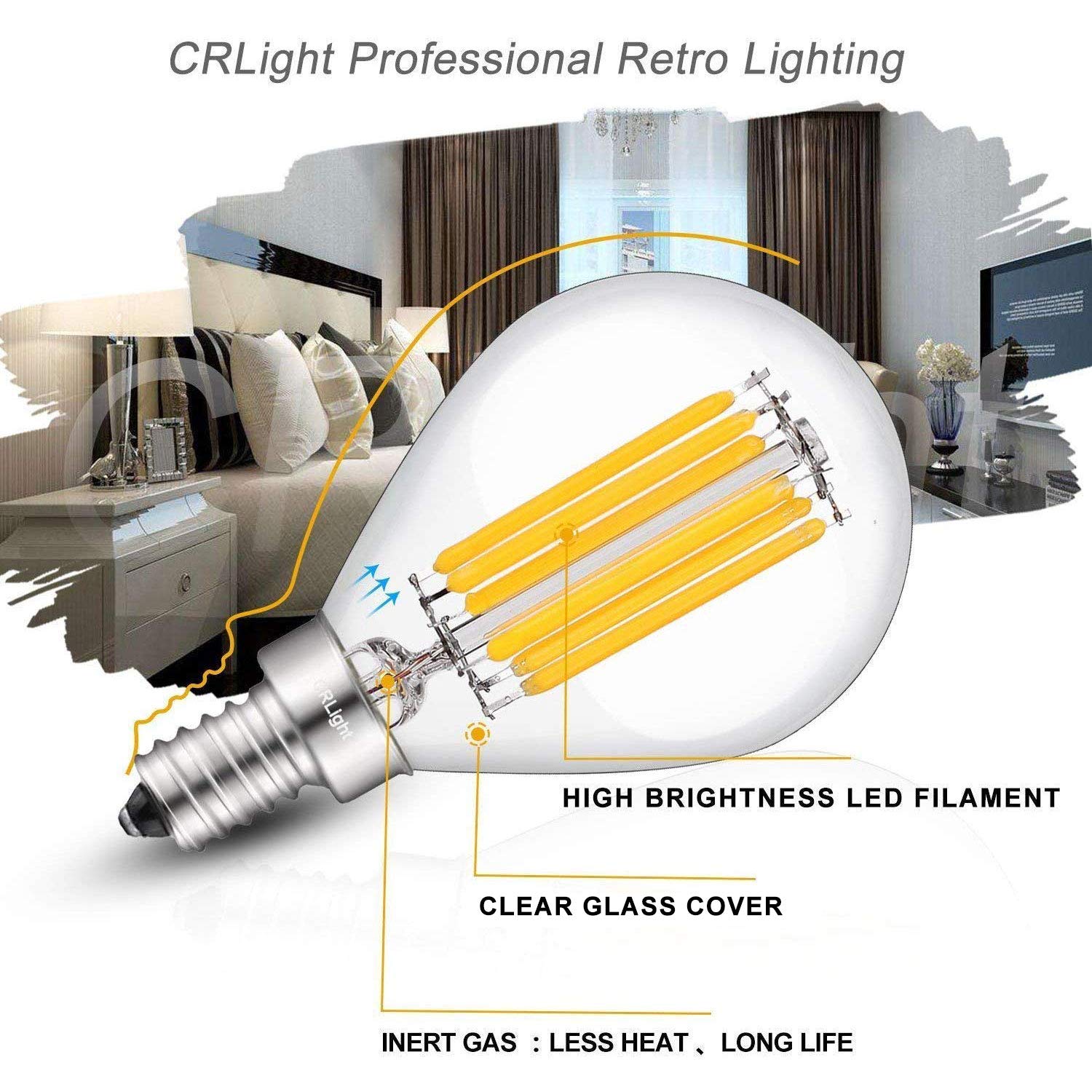 CRLight 6W Edison LED Globe Bulb 3200K Soft White 70W Equivalent 700LM Dimmable, E12 Candelabra Base Vintage Tiny G14(G45) Clear Glass Globe Shape, 360 Degree Beam Angle, 6 Pack