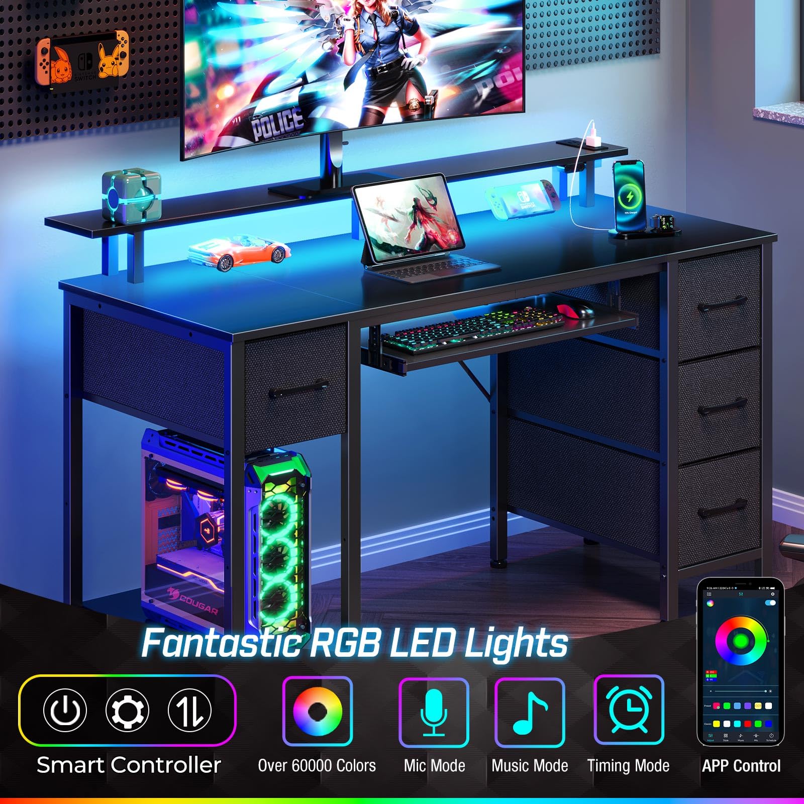 Seventable Computer Desk 47.2" with LED Lights & Power Outlets, Home Office Desk with 4 Drawers, Writing Desk with Keyboard Tray, Study Desk with Monitor Stand, Work Desk for Home Office, Black