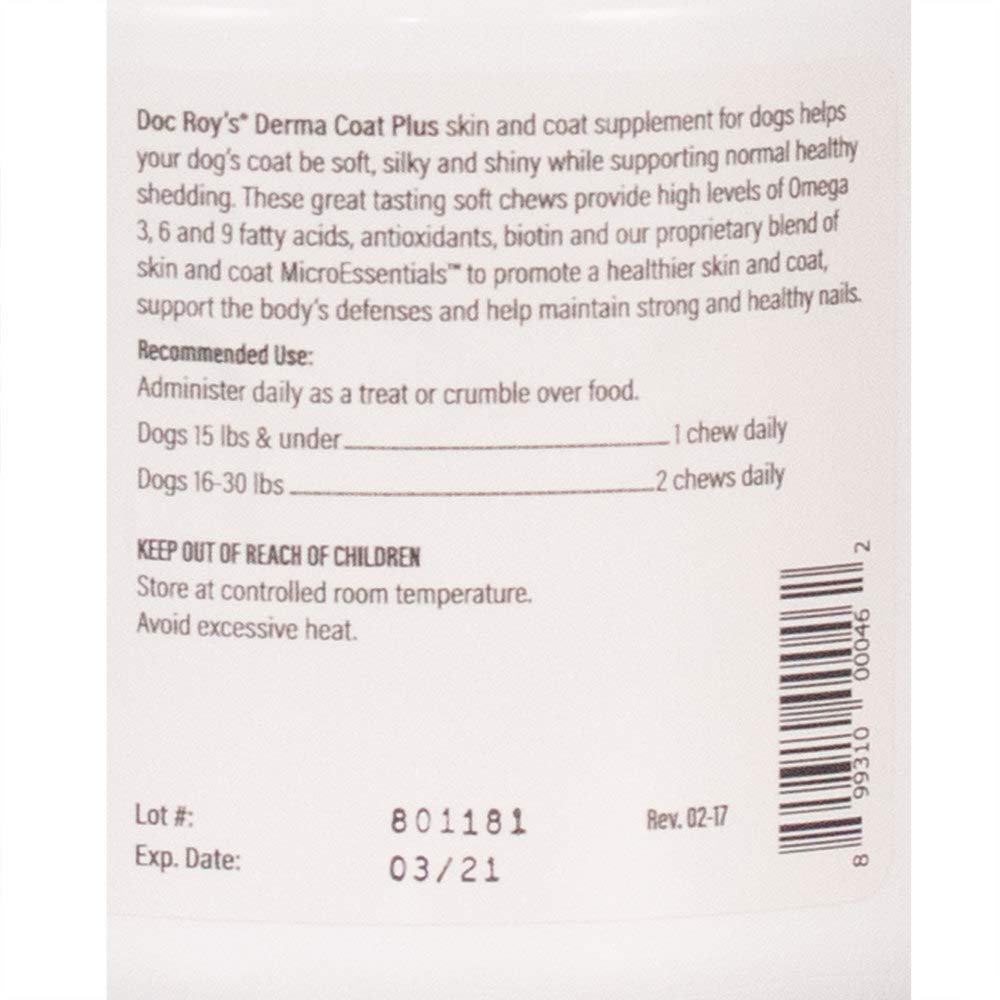 Revival Animal Health Doc Roy's Derma Coat Plus Skin & Coat Supplement for Small Dogs- 120 ct Chews