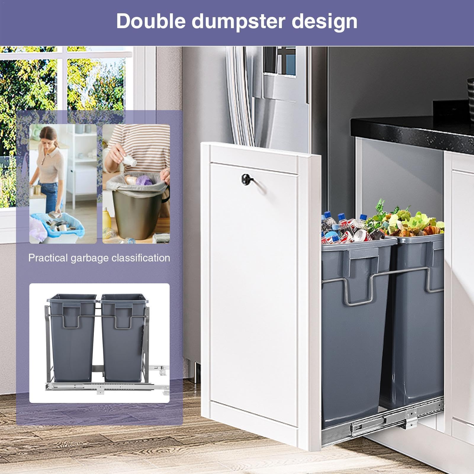 Kitchen Pull-Out Built-in Trash Can Kitchen Waste Bin Built-in Cabinet Household Hidden Trash Silent Guide Rails (15Lx2 Trash)