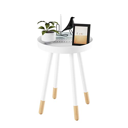 Round End Table - 2-Tone Mid-Century Modern Home Accent Table with Tray Top for Living Room, Bedroom, or Office by Lavish Home (White)