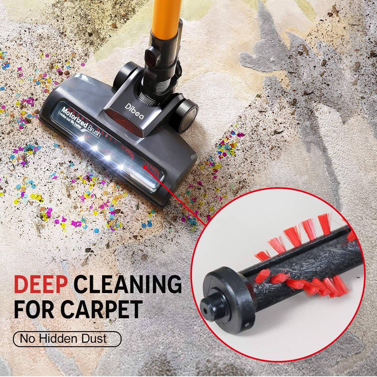 Dibea Cordless Stick Vacuum Cleaner Powerful Suction Rechargeable Lightweight 2 in 1 Handheld Car Vacuum with Mini Motorized Brush for Hard Floor, Carpet