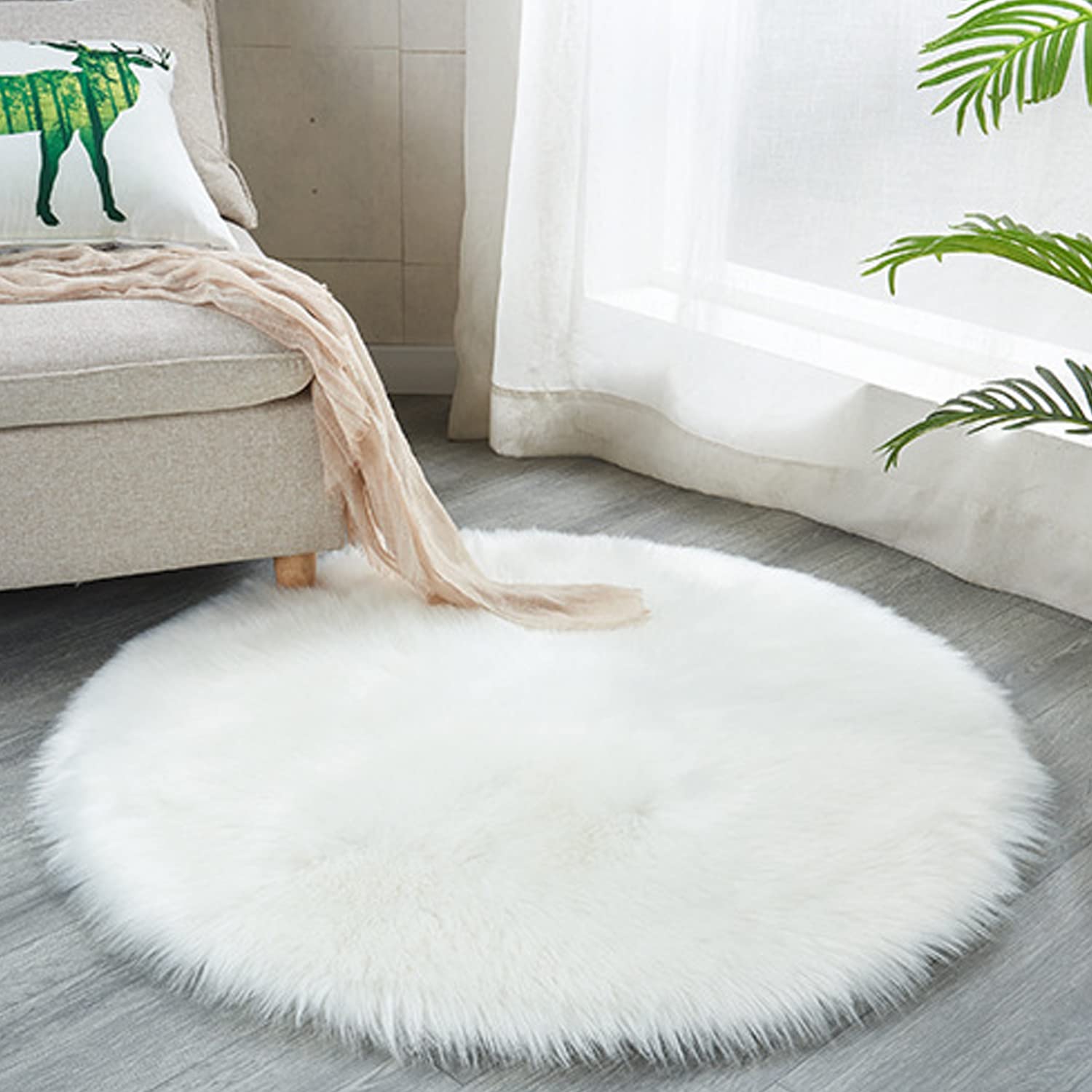 Round Faux Fur Sheepskin Rugs, Soft Shaggy Area Rug Home Decorative Bedroom Fluffy Carpet Rug, Diameter 5 Feet, White