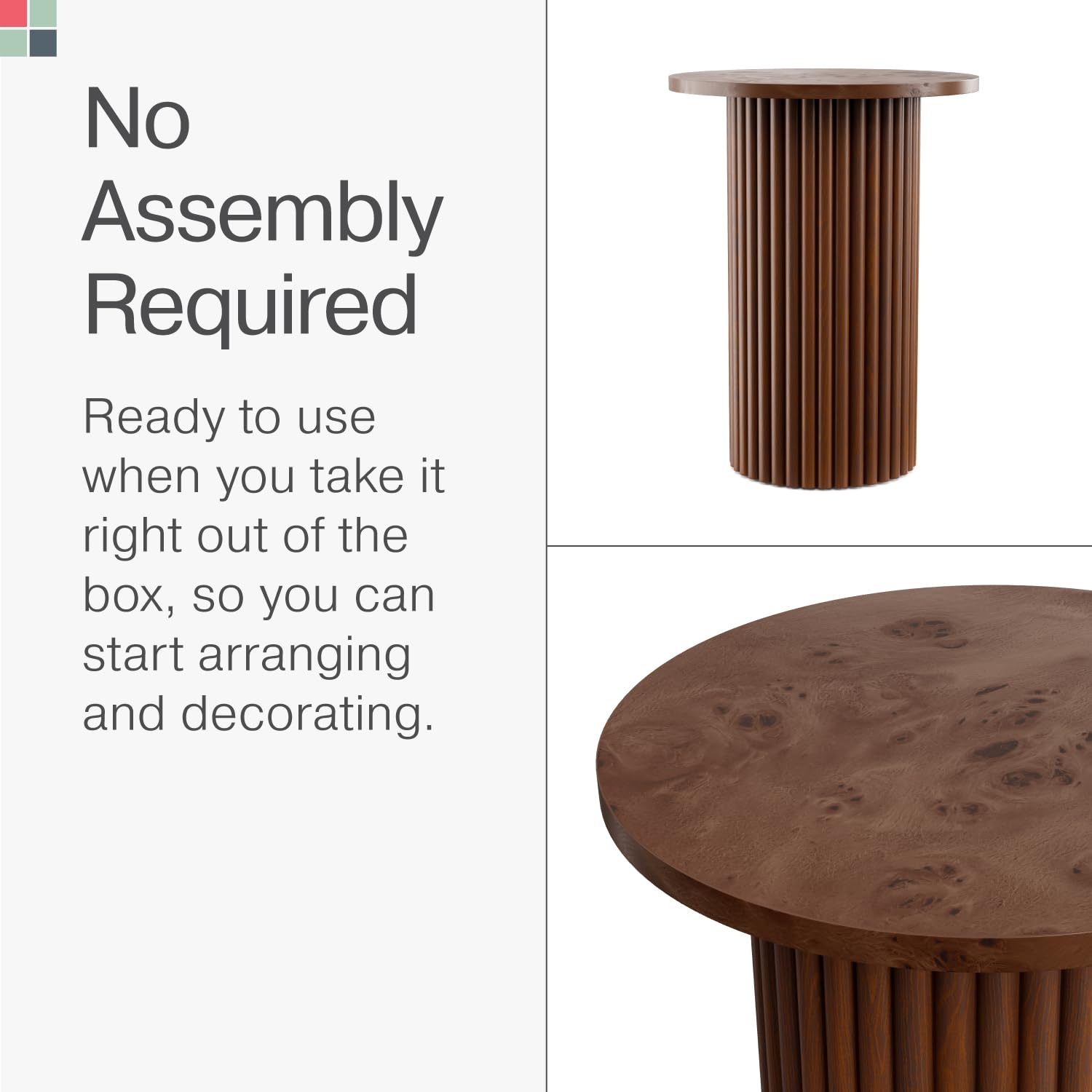 Round Fluted Accent Side Table - Small Drink Table - Living Room Furniture - Modern Home and Bedroom Decor - Pedestal Side Table with a Solid Oak Base (Burl Walnut Finish)