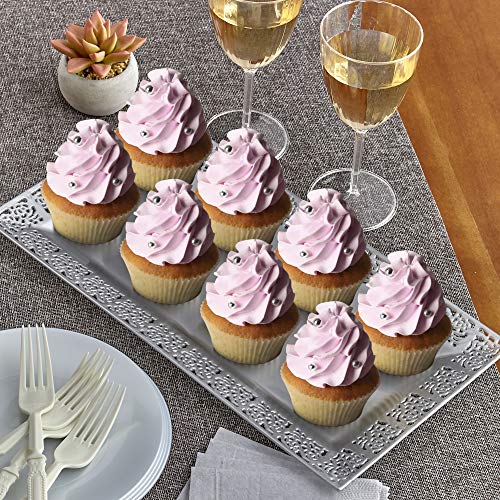 Elegant Lace Plastic Serving Trays (6 PC), Disposable Plastic Trays and Platters for Party - 14β x 7.5β, Serves Snacks, Charcuterie, Desserts, Sweets, Perfect for Upscale Wedding, and Dining - Silver