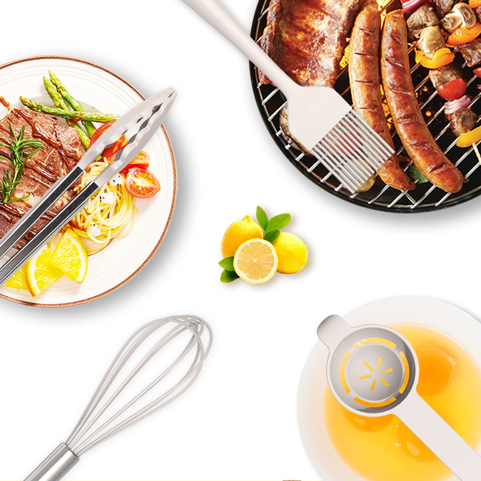Dishwasher Safe Silicone Cooking Utensils Set - 446°F Heat Resistant Basic Silicone Kitchen Utensils,Turner Tongs, Spatula, Spoon, Brush, Whisk, Gadgets Tools for Nonstick Cookware (BPA Free - Grey)