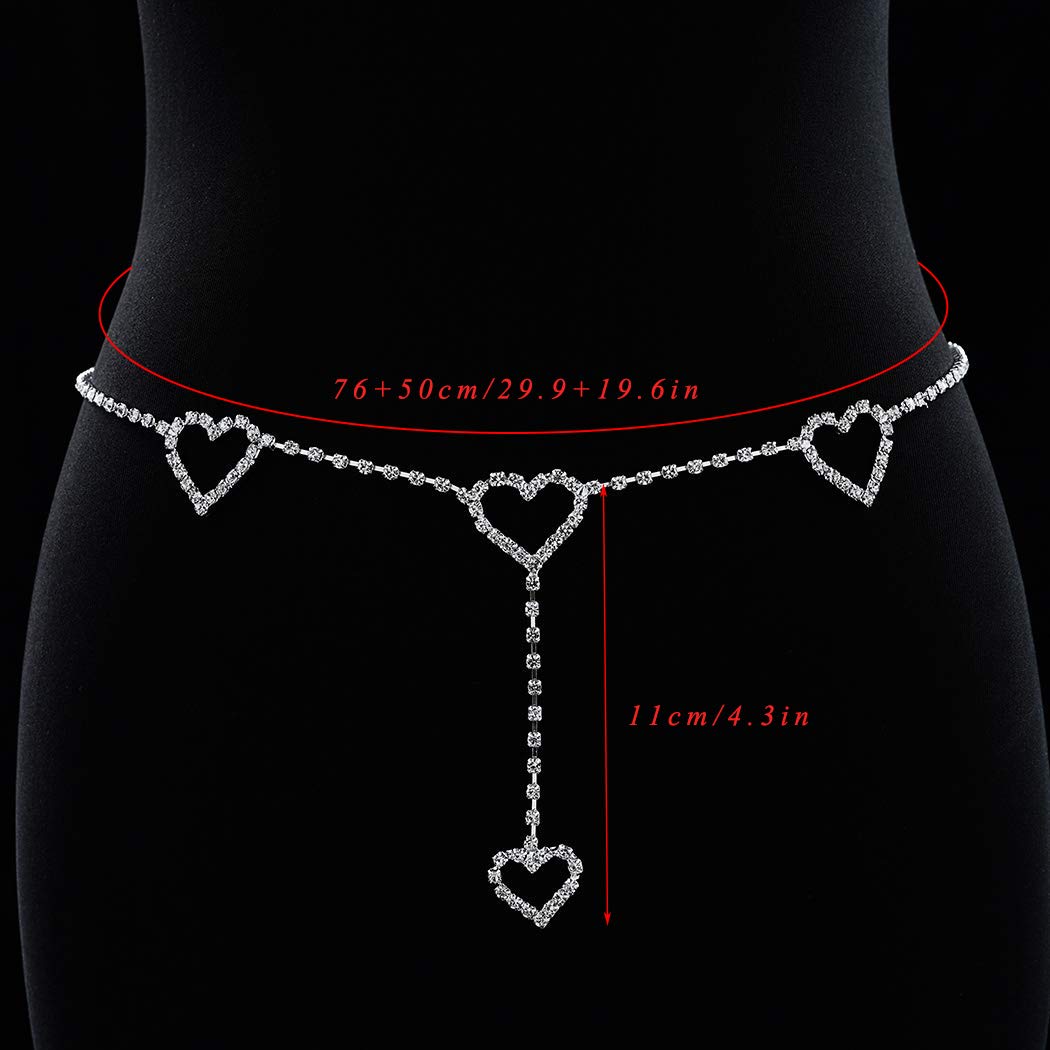Dresbe Rhinestone Belly Waist Chain Silver Heart Body Chains Party Body Jewelry Accessories for Women