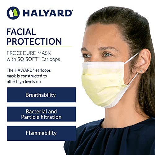 HALYARD FLUIDSHIELD 1 Disposable Procedure Mask w/SO Soft Lining and SO Soft Earloops, Yellow, 25867 (Box of 50)