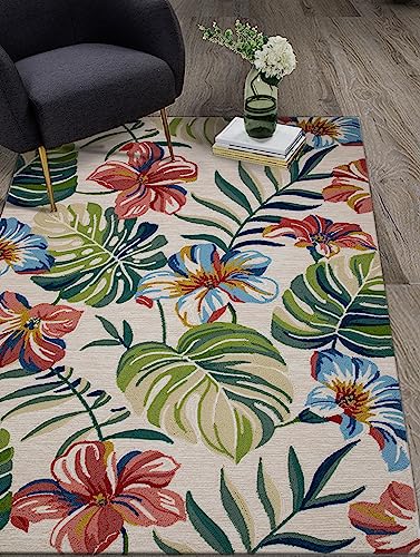 New Home Cyrus Hand-Made Indoor/Outdoor Tropical Floral Area Rug - Ivory 7'6" x 9'6"