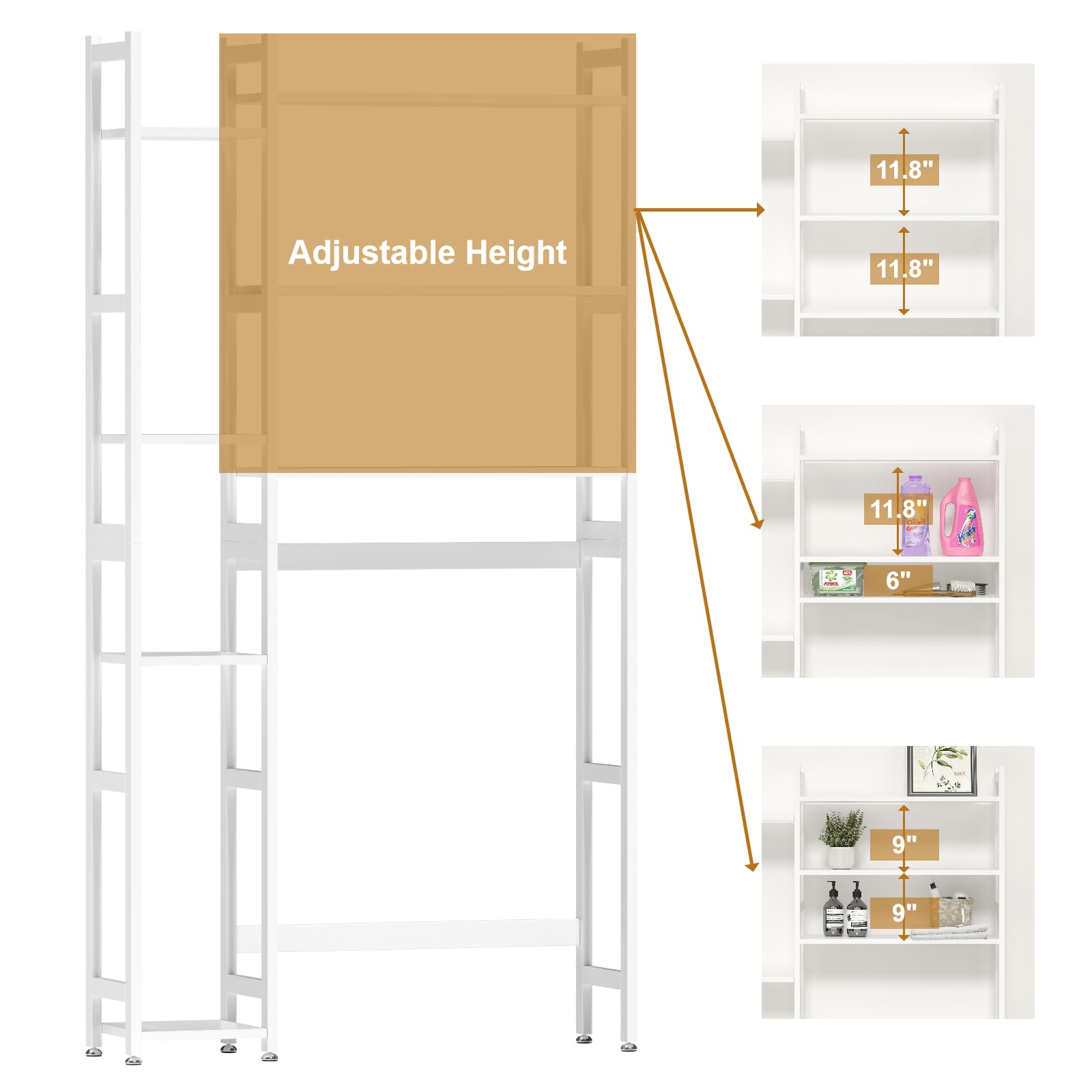 MOGELAFOO Over The Toilet Storage with 7 Shelves and 2 Drawers, Freestanding Bamboo Bathroom Organizer with Adjustable Shelf, Space-Saving Storage Rack for Laundry Room, Restroom, White