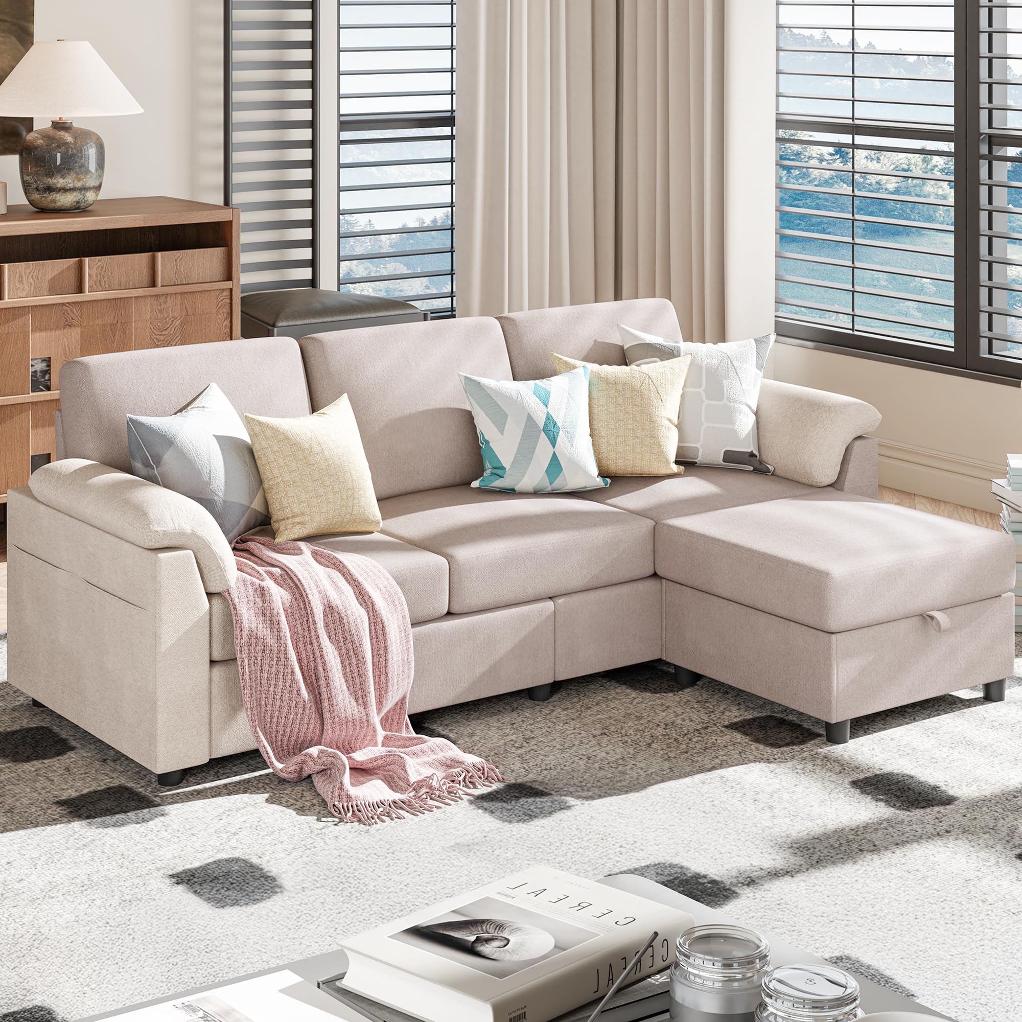 Meilocar 79" Modern Sectional Sofa Couch, Convertible L Shaped Couch with Reversible Ottoman, 3-Seat Sofa Sectional with Removable Armrest for Living Room, Apartment, Small Space, Beige